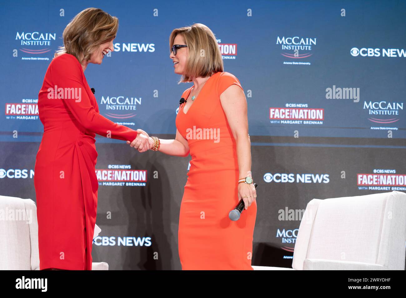 CBS Face the Nation Margaret Brennan interviews Arizona Senator Kyrsten Sinema at the 2023 ...