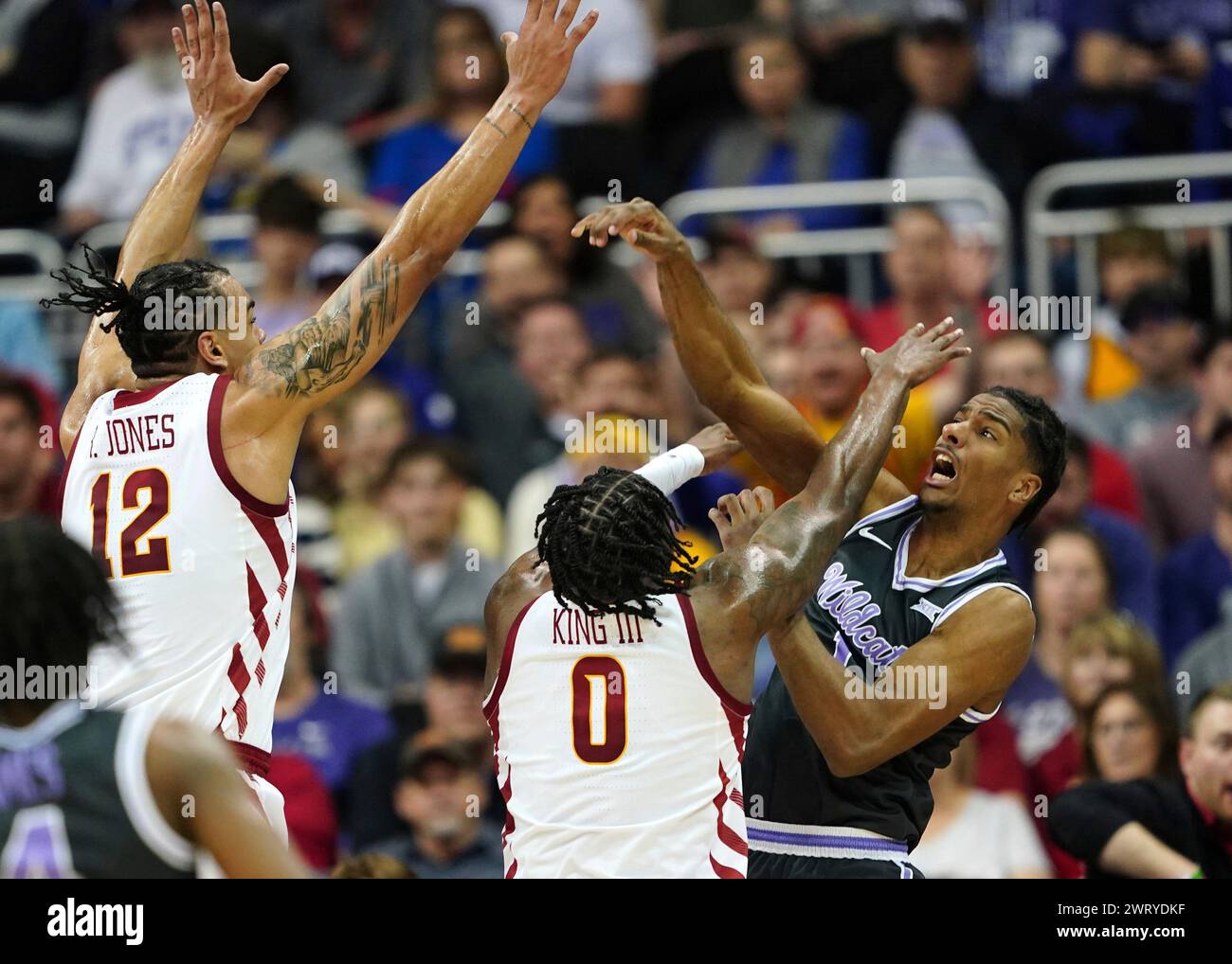 MAR 14 2024: Kansas State Wildcats forward David N'Guessan (1) gets a ...