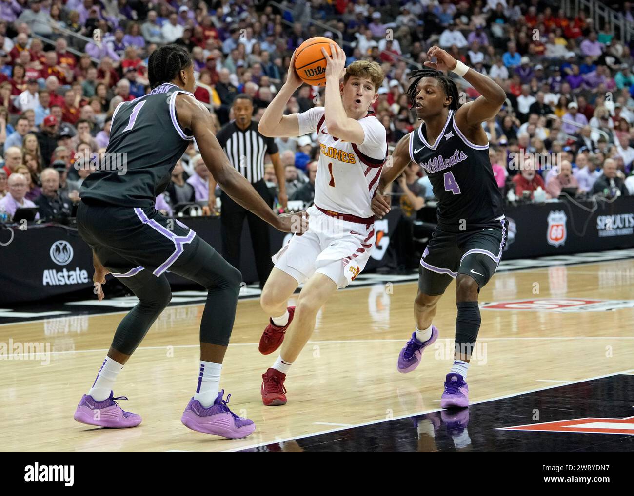 MAR 14 2024: Jackson Paveletzke (1) drives against Kansas State ...