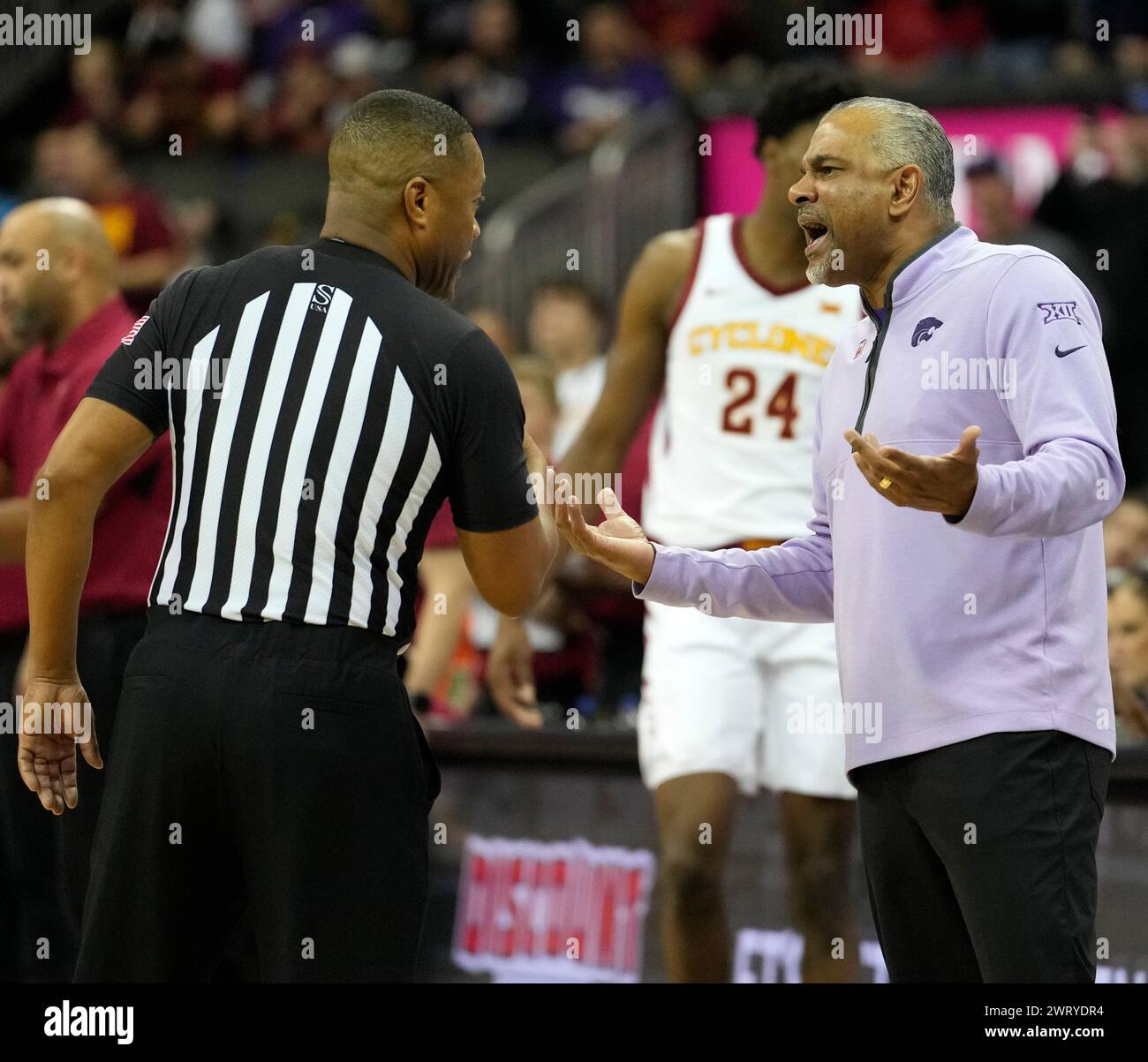 MAR 14 2024: KSU coach Jerome Tang pleads his case with the official ...
