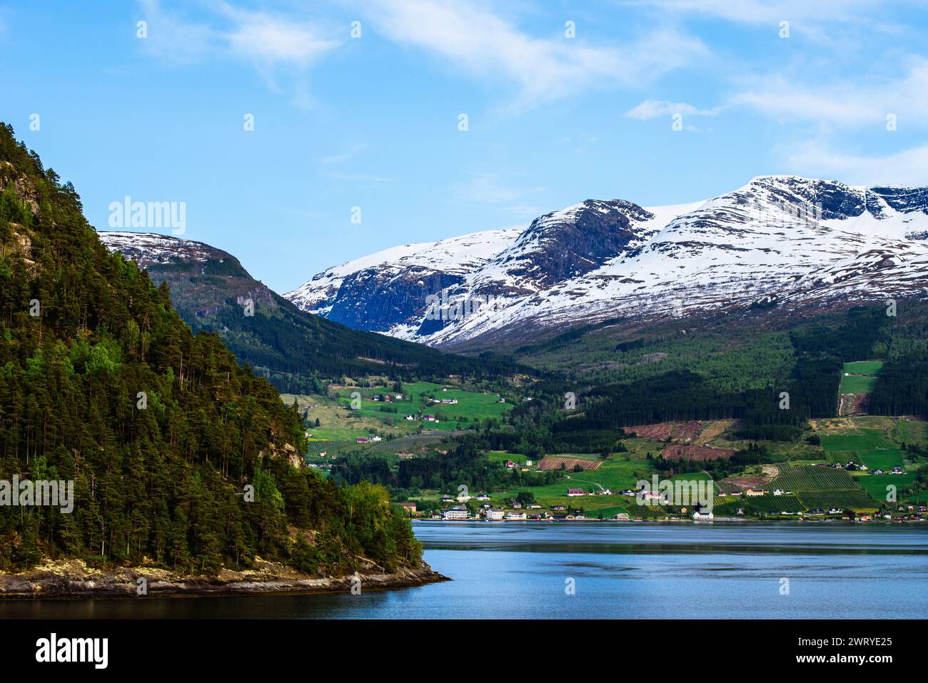 Mountains and Fiord over Norwegian Village, Olden, Innvikfjorden ...