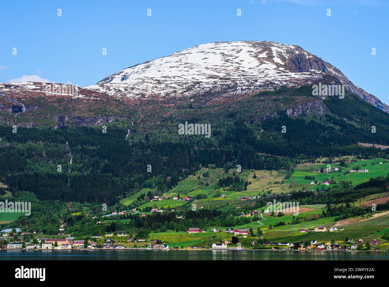 Mountains and Fiord over Norwegian Village, Olden, Innvikfjorden ...