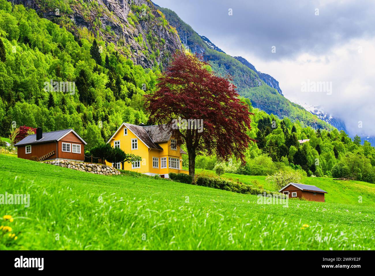 Mountains and Fiord over Norwegian Village, Olden, Innvikfjorden ...