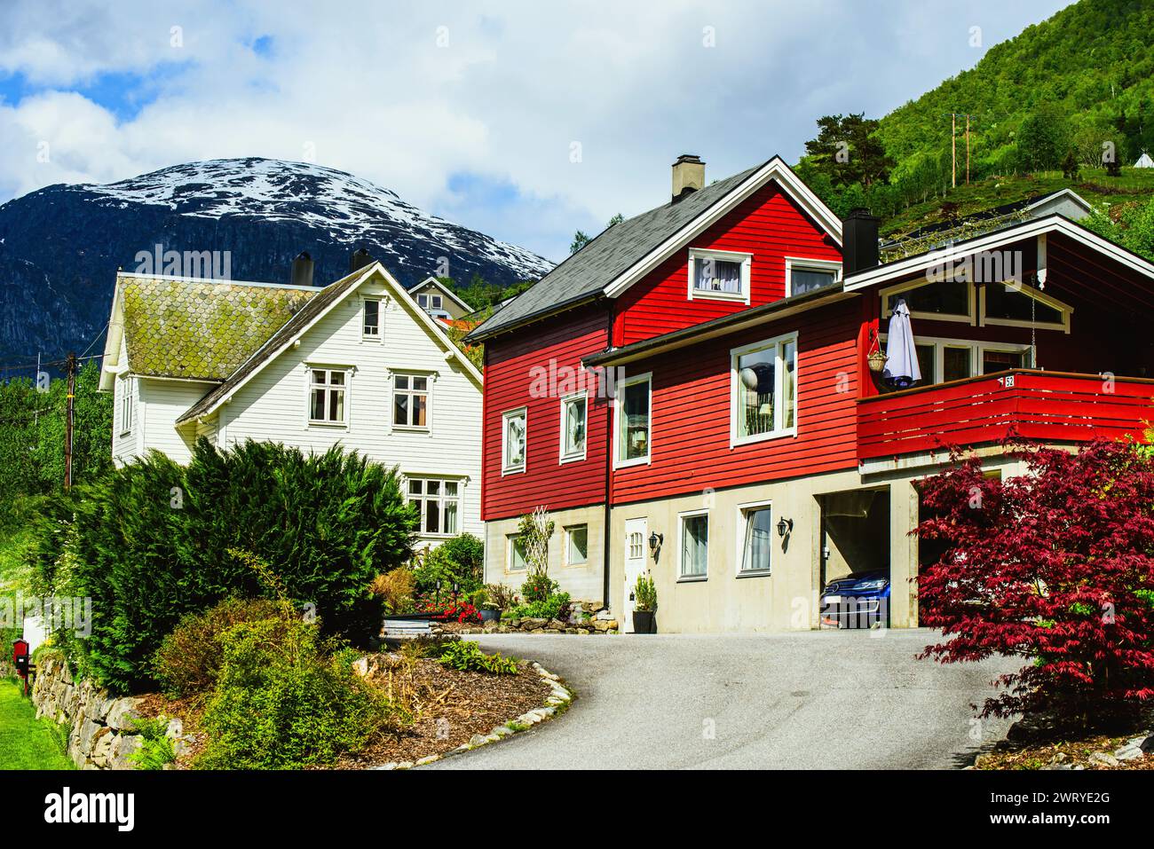 Mountains and Fiord over Norwegian Village, Olden, Innvikfjorden ...