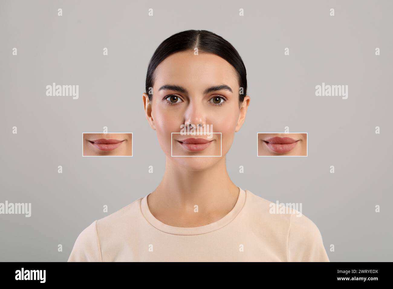 Attractive woman with beautiful lips on grey background. Zoomed areas ...