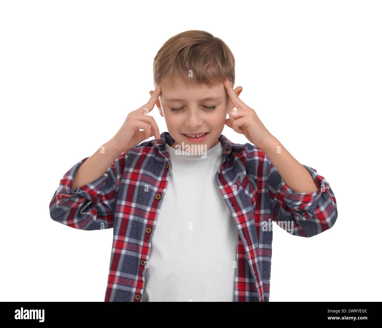 Little boy suffering from headache on white background Stock Photo - Alamy