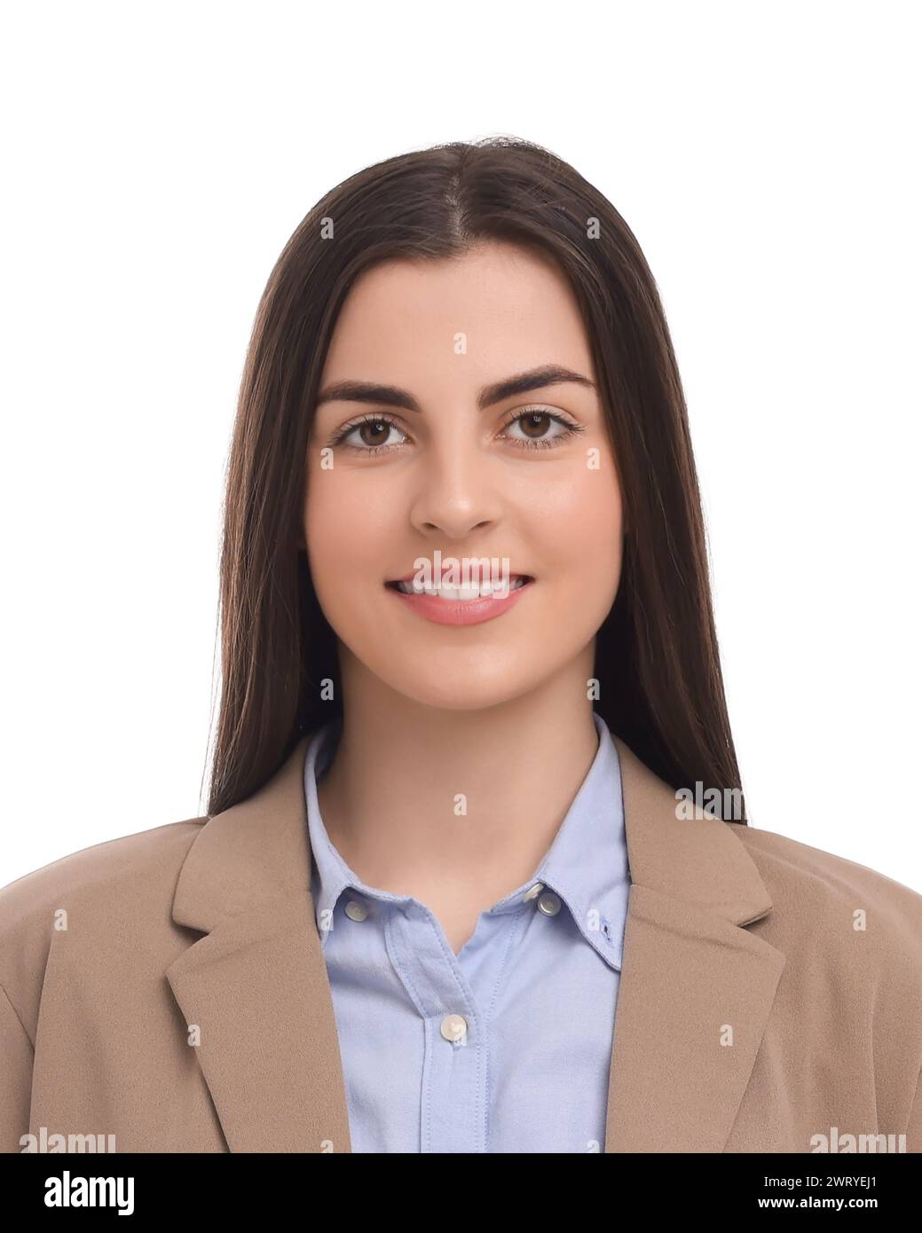 Passport photo. Portrait of woman on white background Stock Photo - Alamy