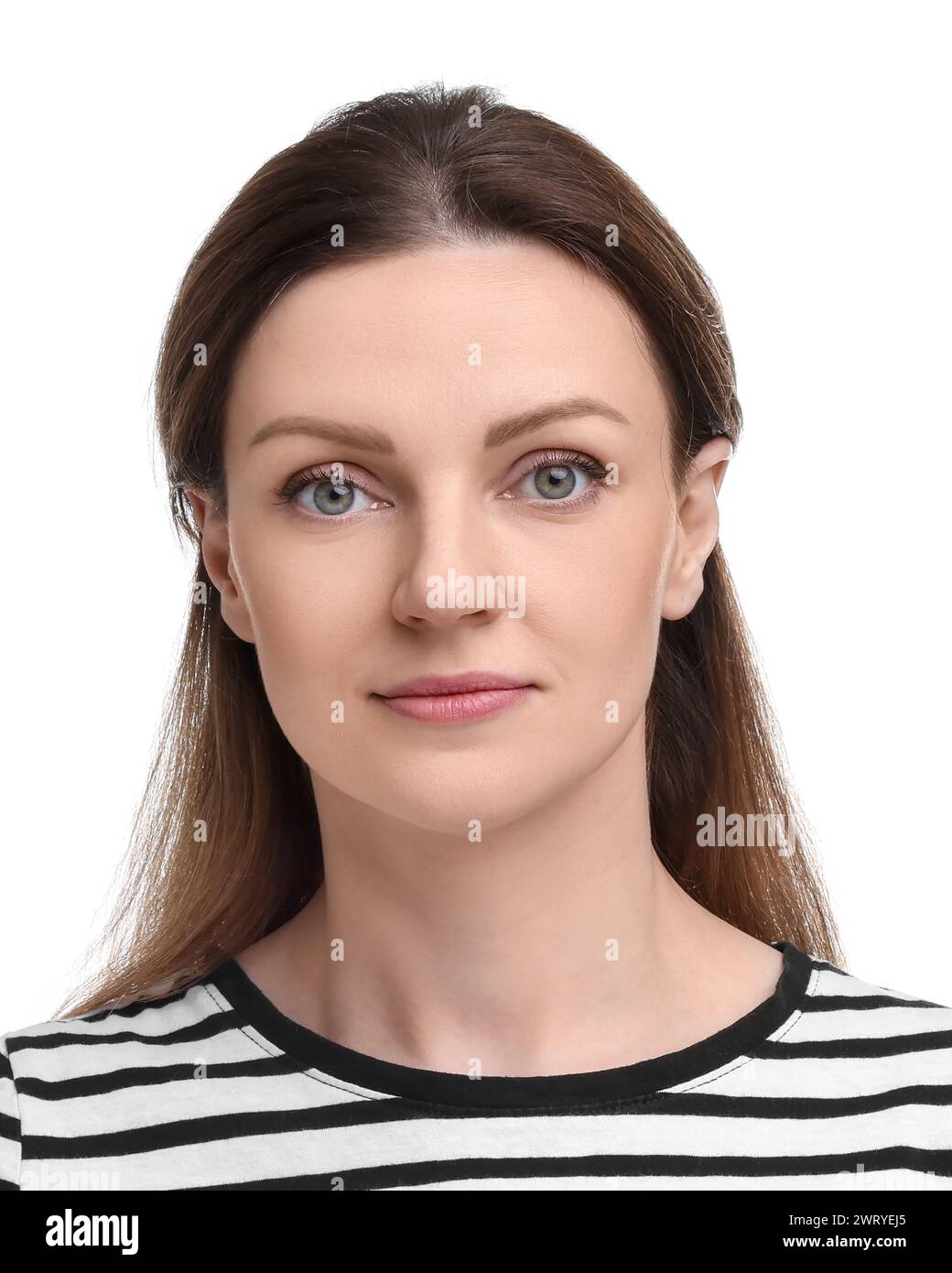 Passport photo. Portrait of woman on white background Stock Photo - Alamy
