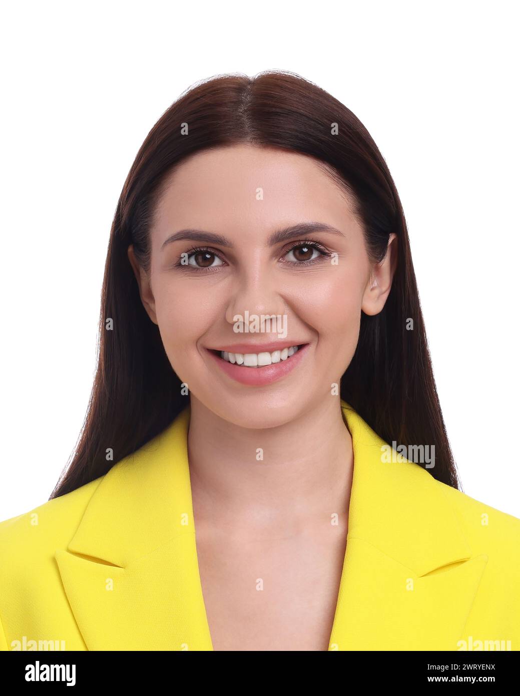 Passport photo. Portrait of woman on white background Stock Photo - Alamy