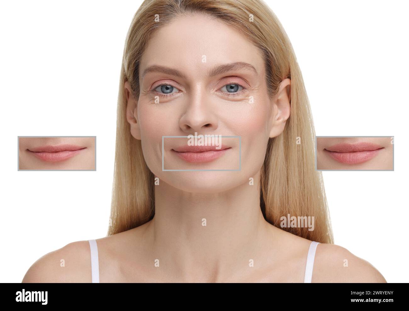 Attractive woman with beautiful lips on white background. Zoomed areas ...