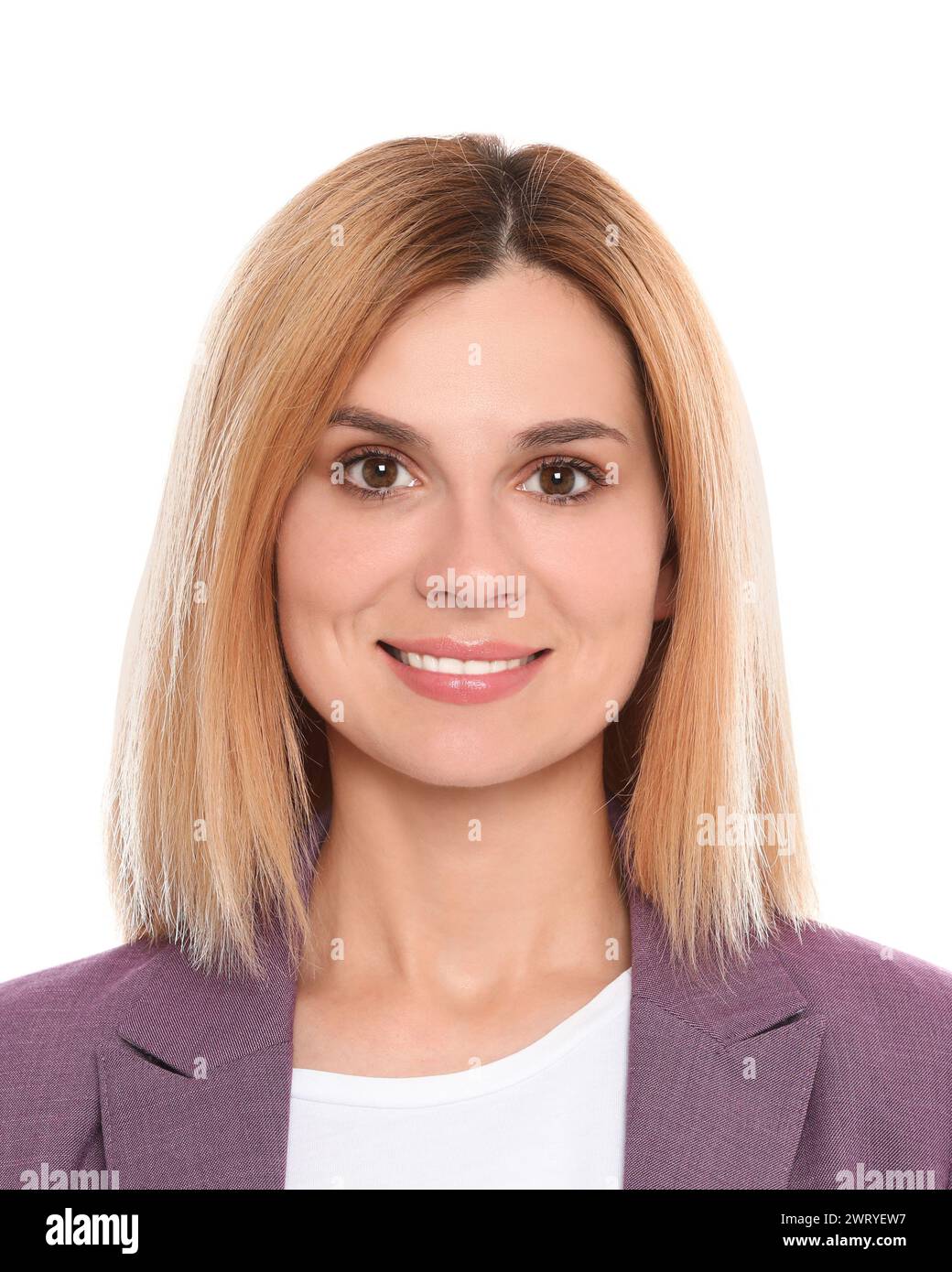 Passport photo. Portrait of woman on white background Stock Photo - Alamy