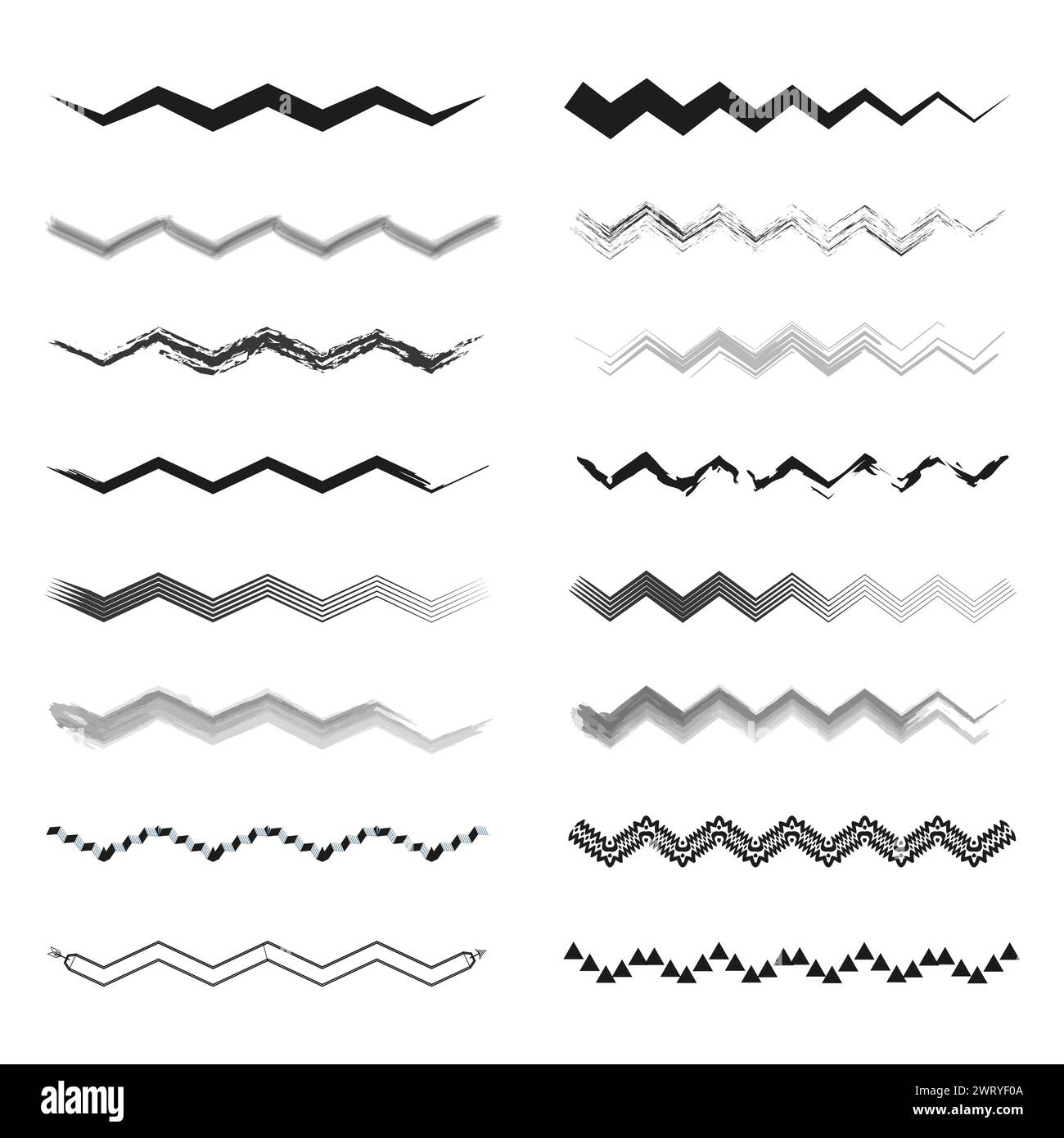 Set of various zigzag lines and patterns in black and white. Vector ...
