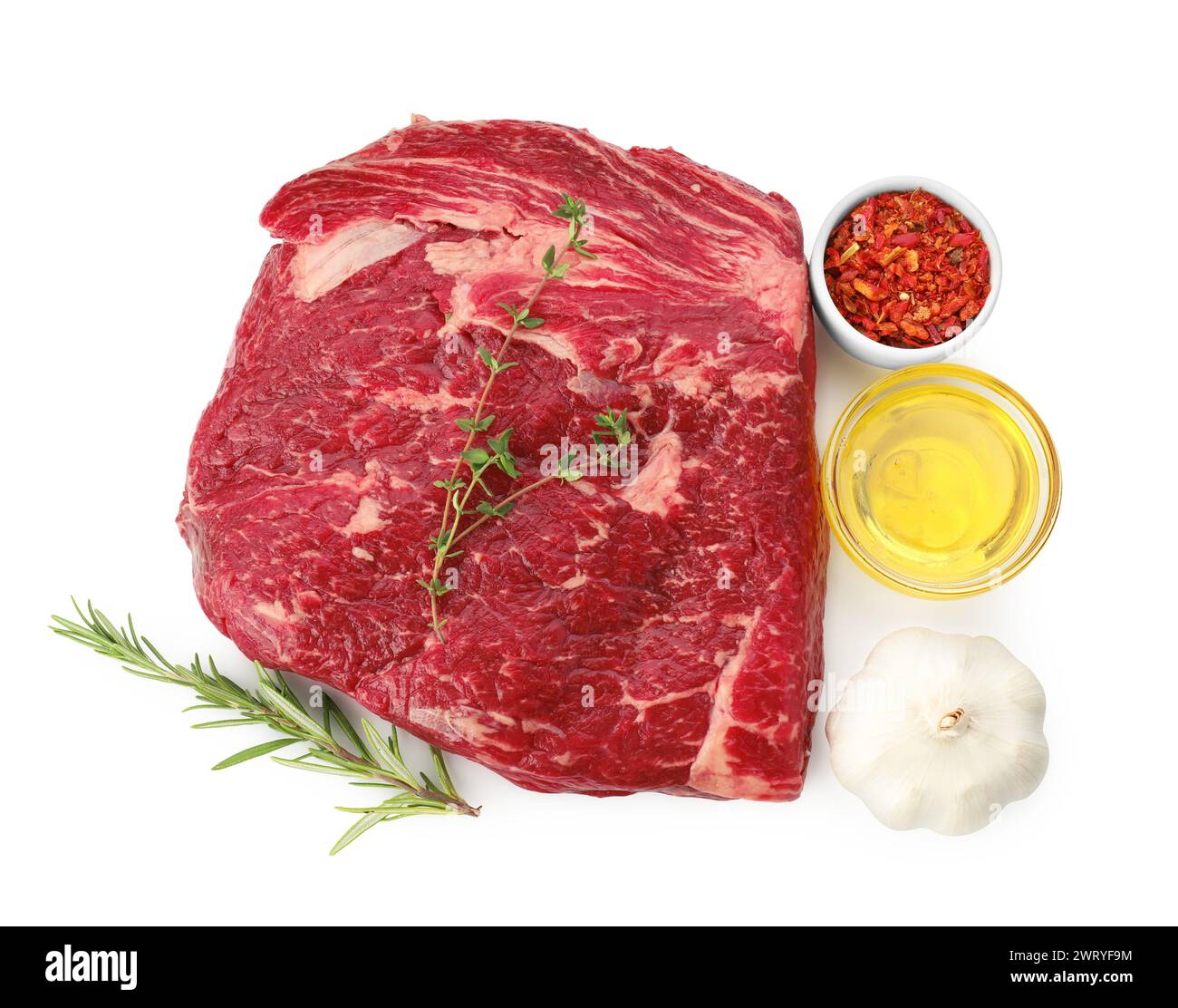 Fresh raw beef cut and products isolated on white, top view Stock Photo ...