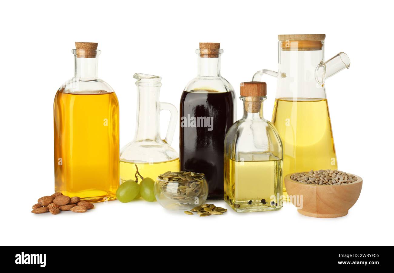Vegetable fats. Different cooking oils and ingredients isolated on ...
