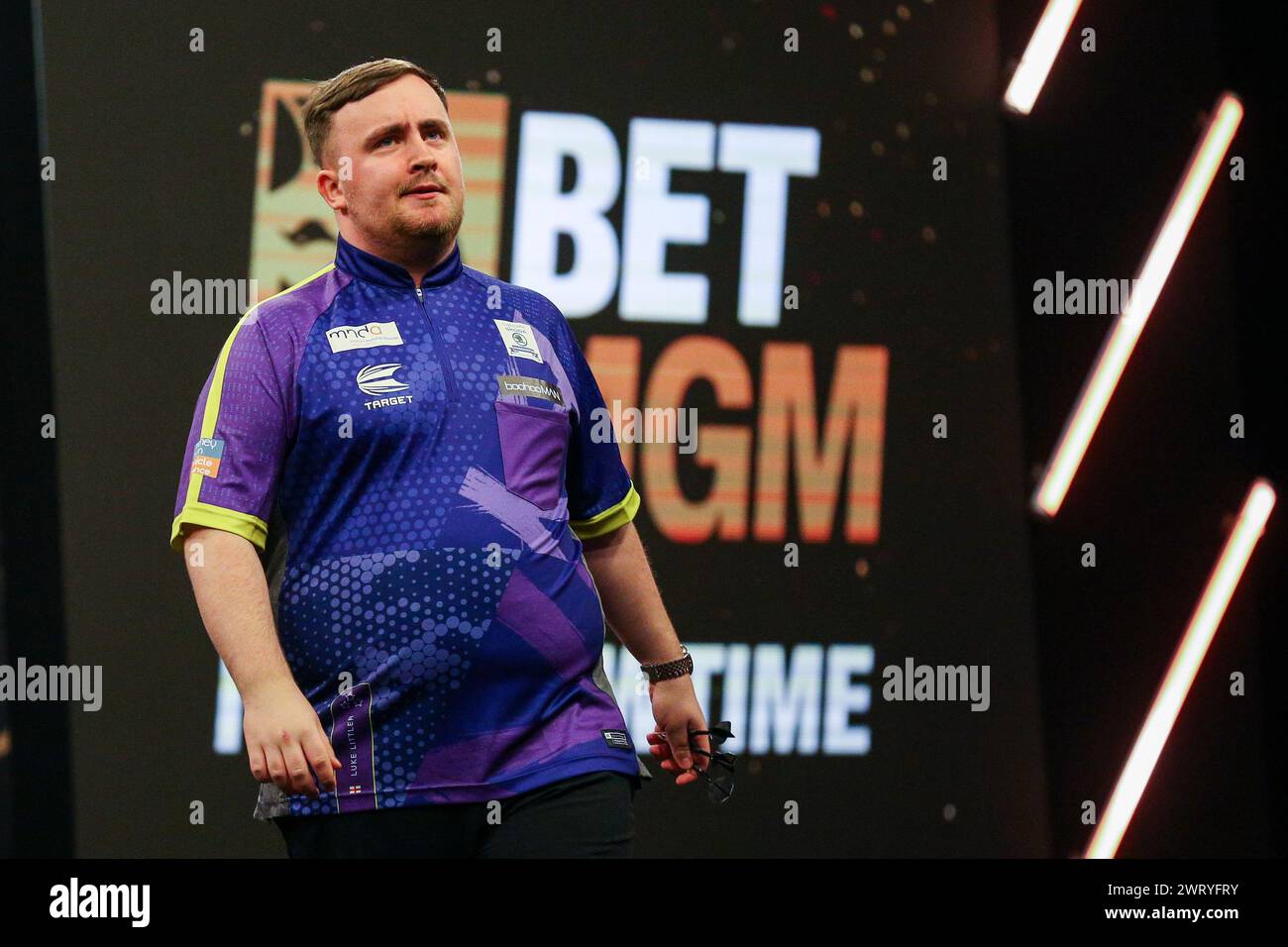 Nottingham, UK. 14th Mar, 2024. Luke Littler dejected v Nathan Aspinall during the 2024 BetMGM ...