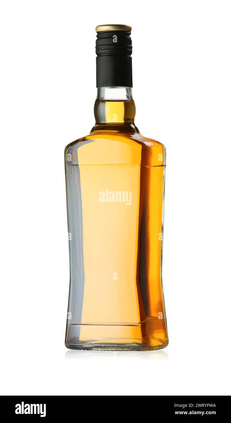 Whiskey in glass bottle isolated on white Stock Photo - Alamy