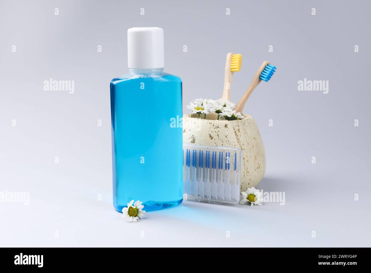 Composition with fresh mouthwash in bottle, toothbrushes and ...