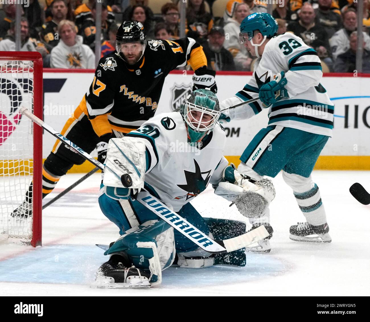 San Jose Sharks goaltender Magnus Chrona (30) blocks a shot during the ...