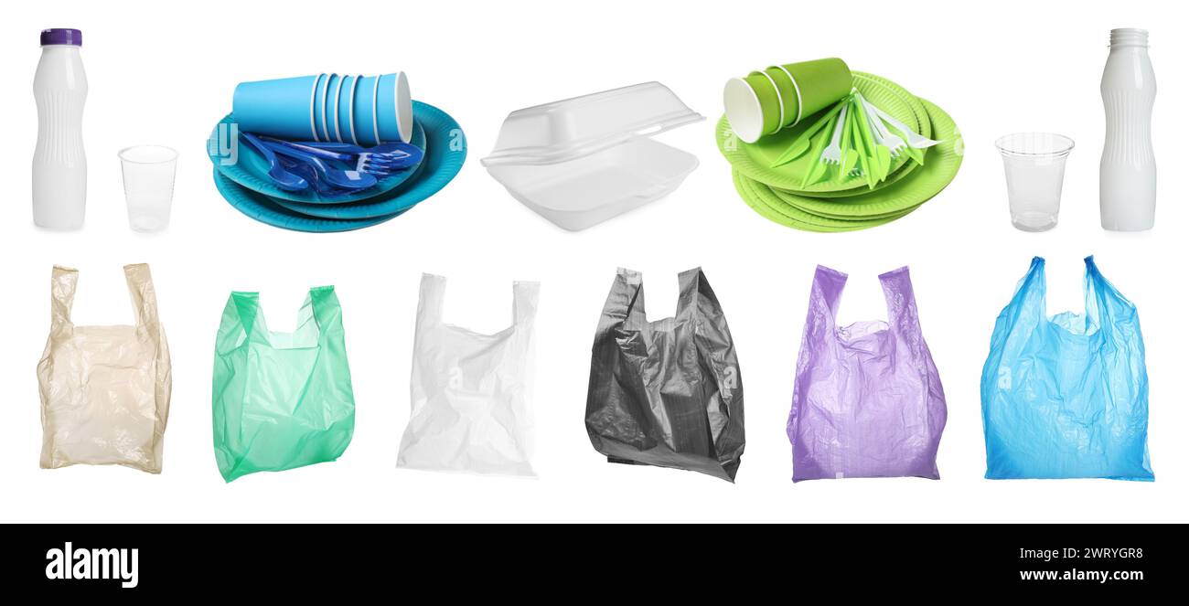 Different plastic items isolated on white, set Stock Photo - Alamy