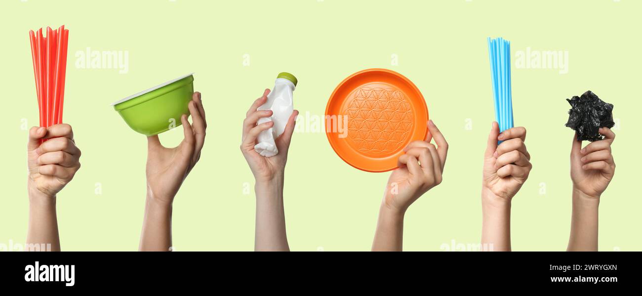 People holding plastic items on light green background, set of photos ...