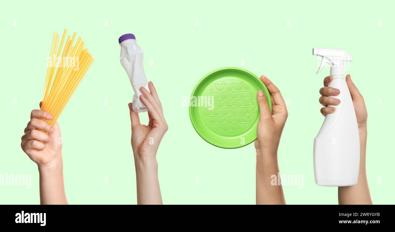People holding plastic items on green background, set of photos Stock ...