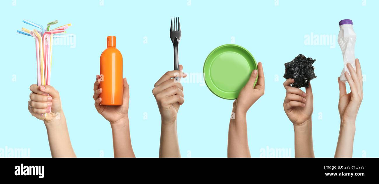 People holding plastic items on light blue background, set of photos ...