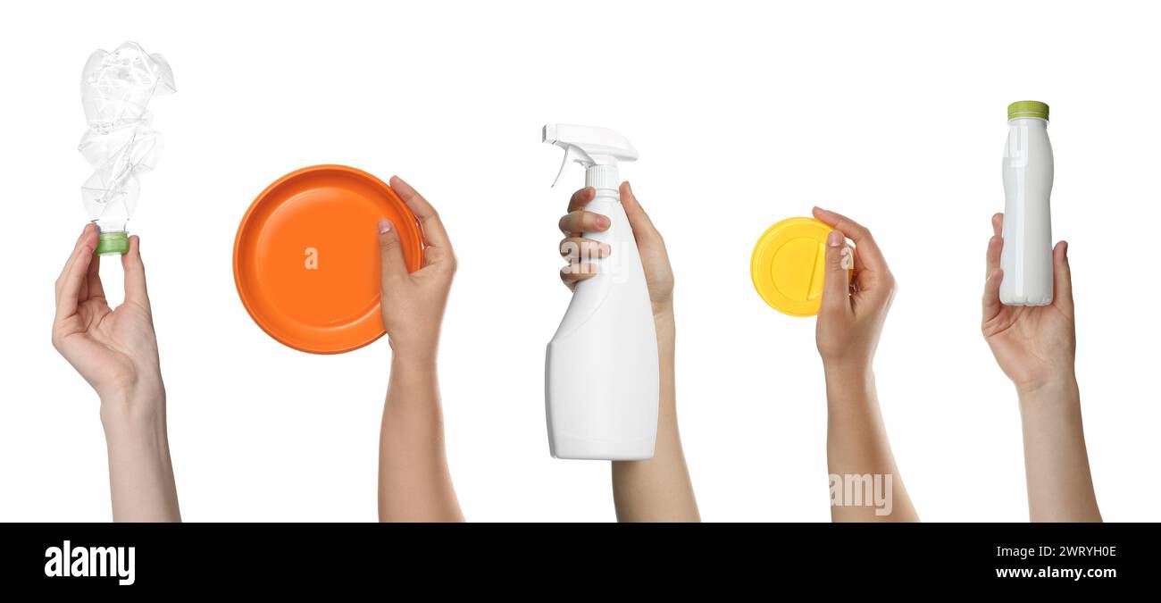 People holding plastic items on white background, set of photos Stock ...