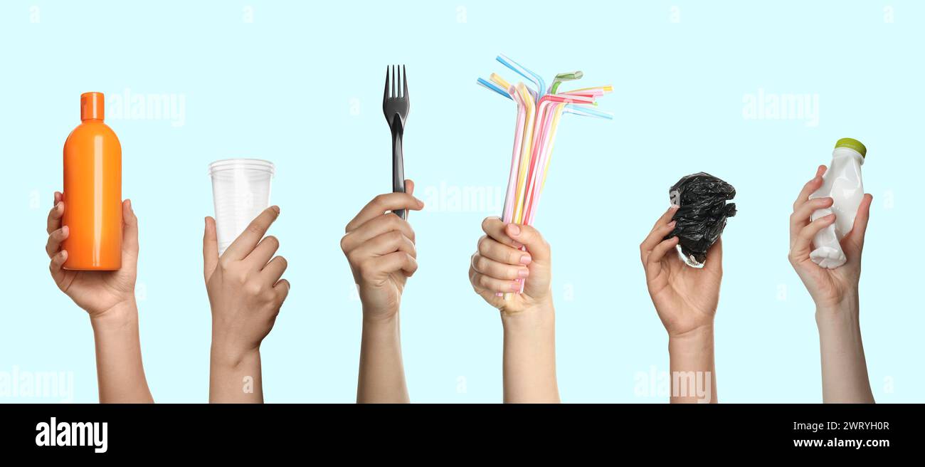 People holding plastic items on light blue background, set of photos ...