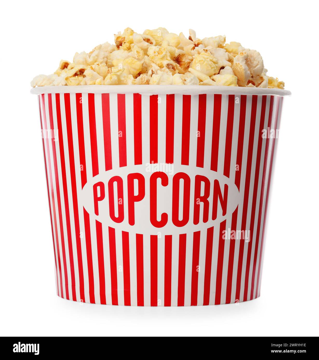 Tasty fresh pop corn in bucket isolated on white Stock Photo - Alamy
