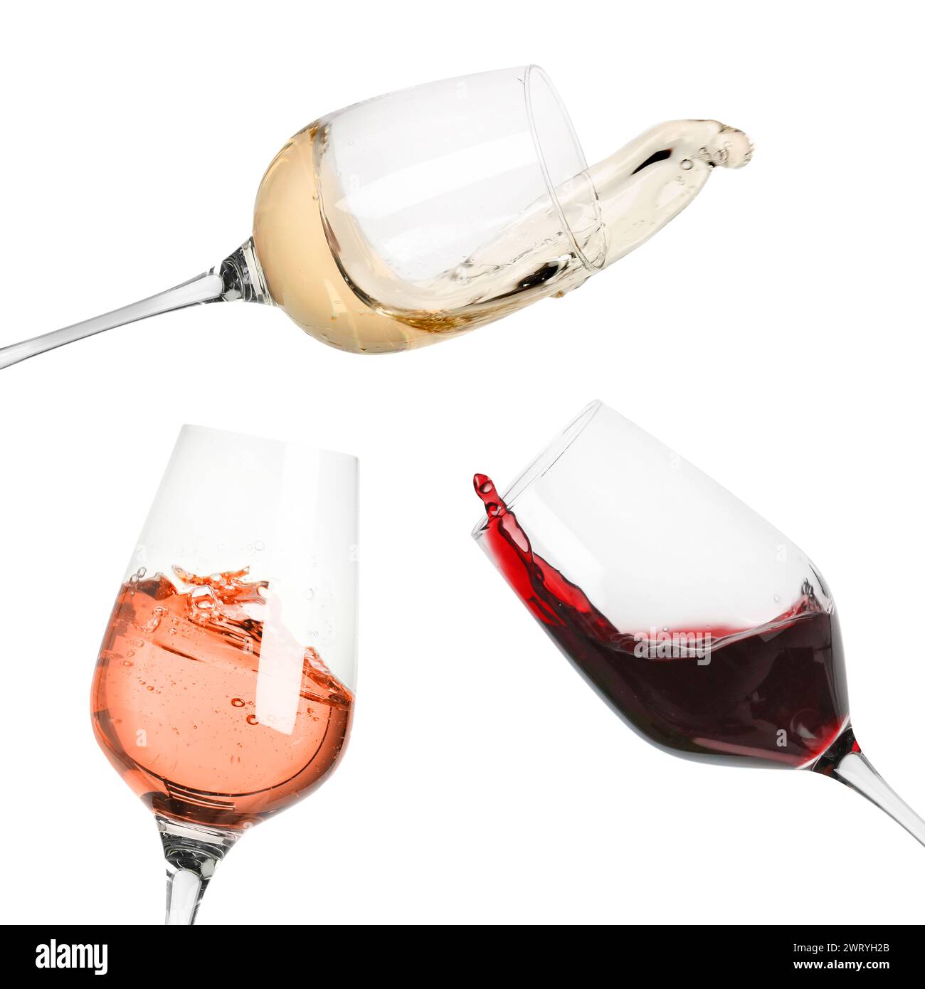 Different types of wine splashing in glasses on white background Stock ...