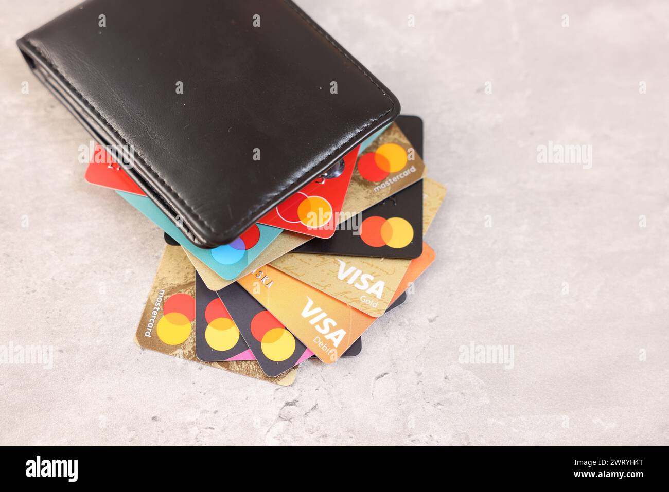 LEIDEN, NETHERLANDS - MARCH 07, 2024: Bank cards of Visa and Mastercard ...