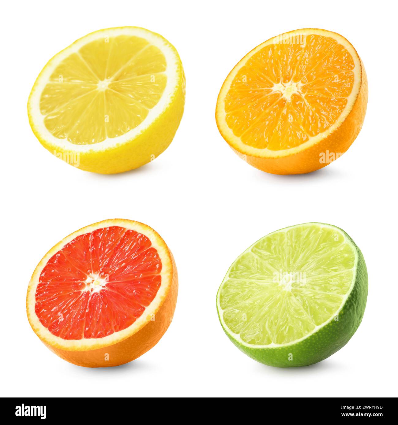Citrus fruits. Cut fresh lemon, grapefruit, lime and orange isolated on ...