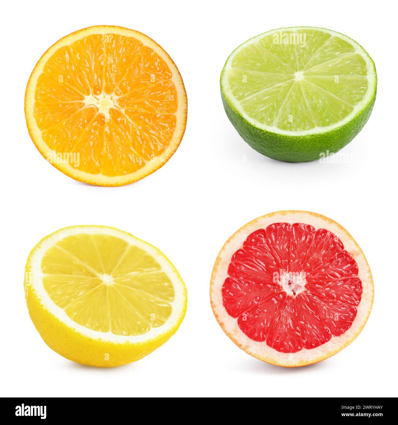 Citrus fruits. Cut fresh lemon, grapefruit, lime and orange isolated on ...