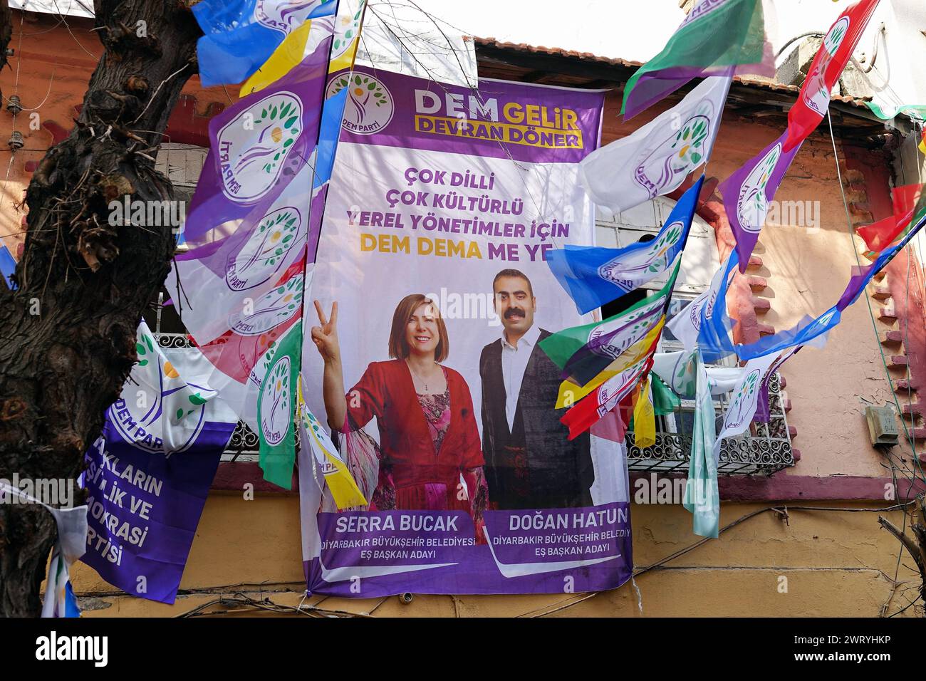 Diyarbakir, Turkey. 14th Mar, 2024. A propaganda poster with ...