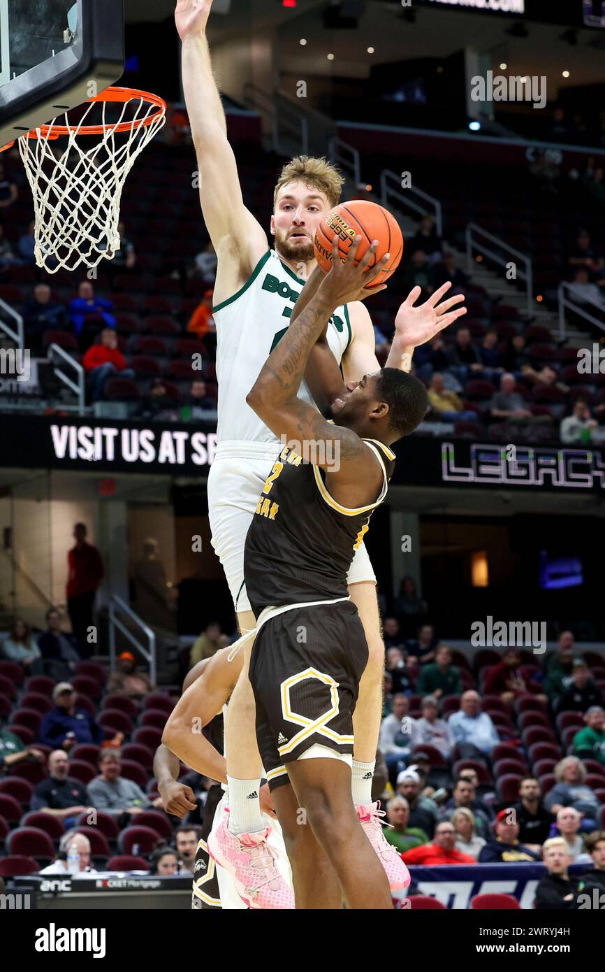 CLEVELAND, OH - MARCH 14: Ohio Bobcats forward AJ Clayton (23) defends ...