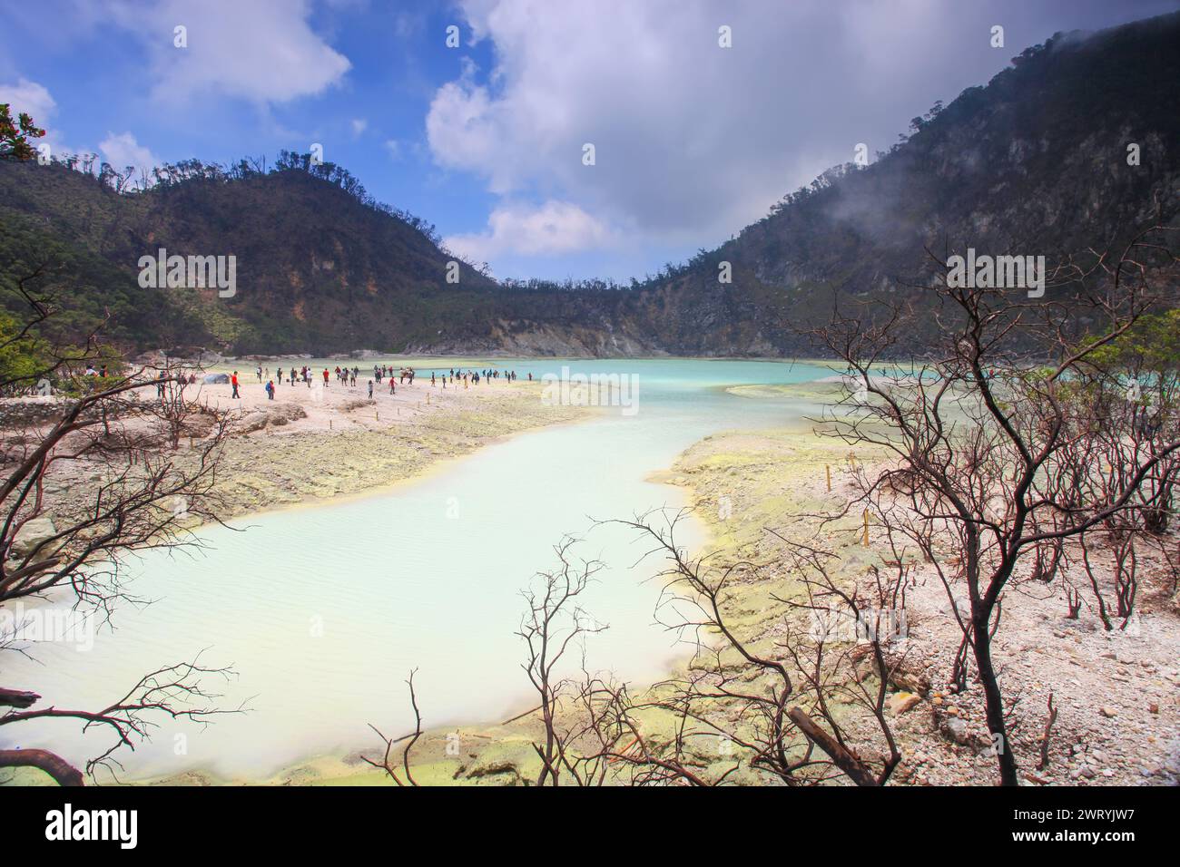 Kawah Putih or White Crater, a volcanic sulphur lake in Ciwidey ...