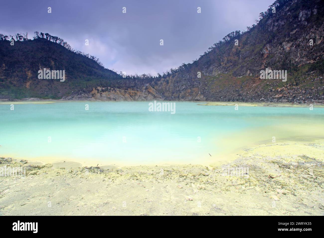 Kawah Putih or White Crater, a volcanic sulphur lake in Ciwidey ...