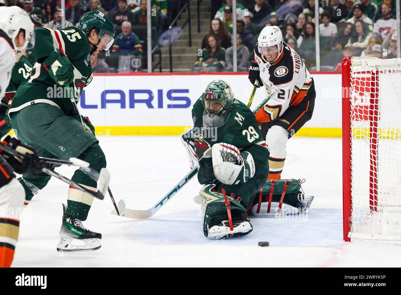 Minnesota Wild goaltender Marc-Andre Fleury (29) blocks the puck from ...