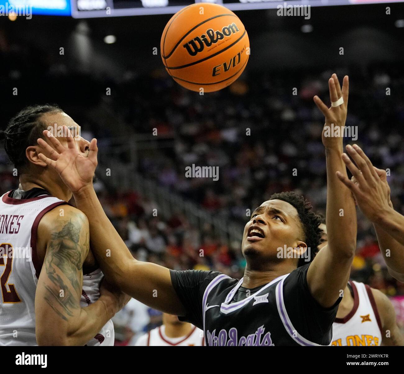 MAR 14 2024: Kansas State Wildcats guard Tylor Perry (2) draws in a ...