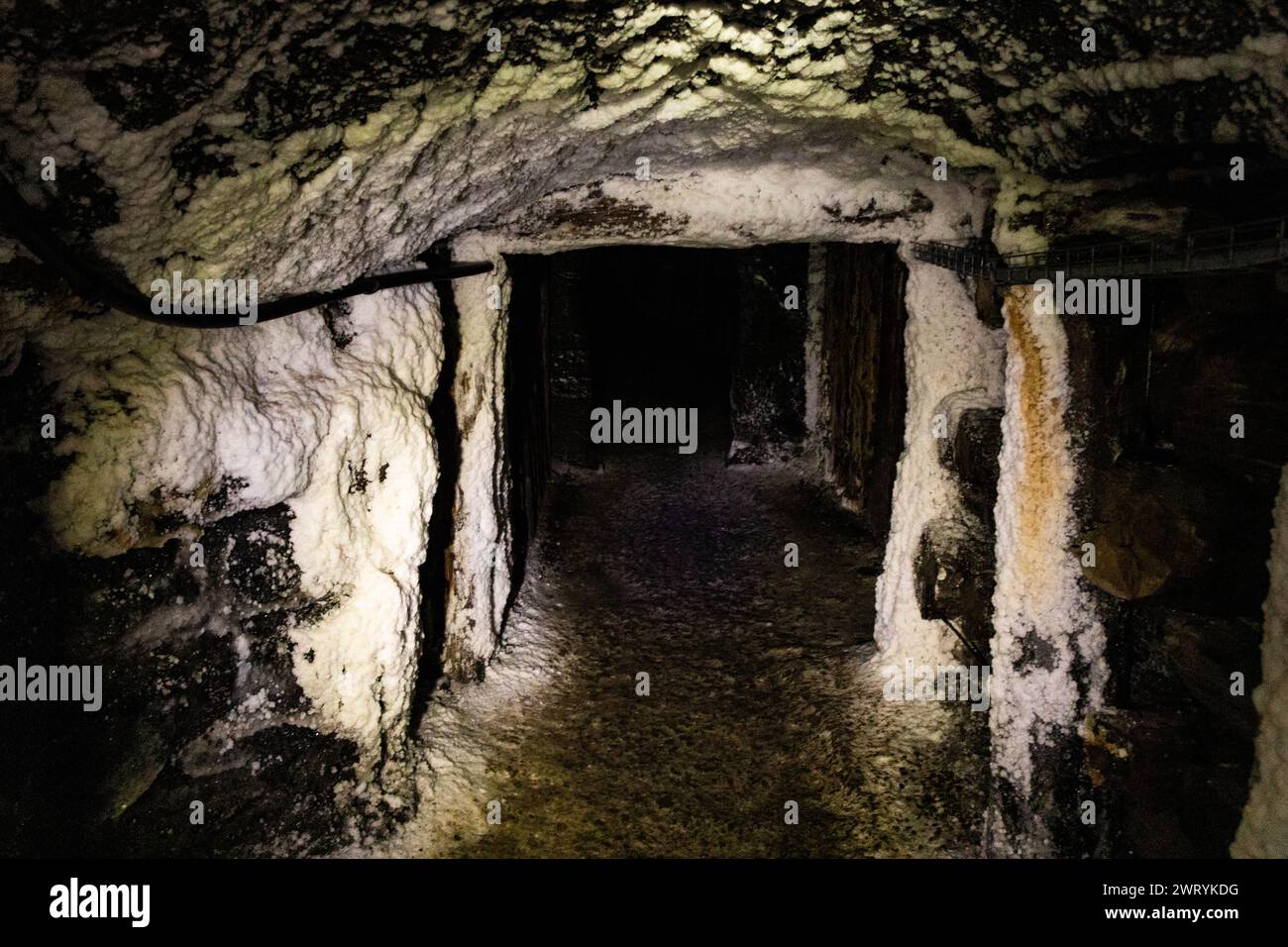 Inside dark old salt mine wooden cave vintage architecture in Krakow ...