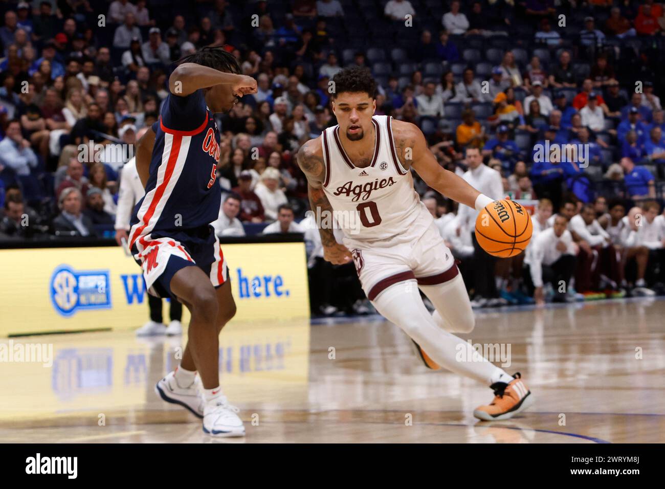 NASHVILLE, TN - MARCH 14: Texas A&M Aggies guard Jace Carter (0) drives ...
