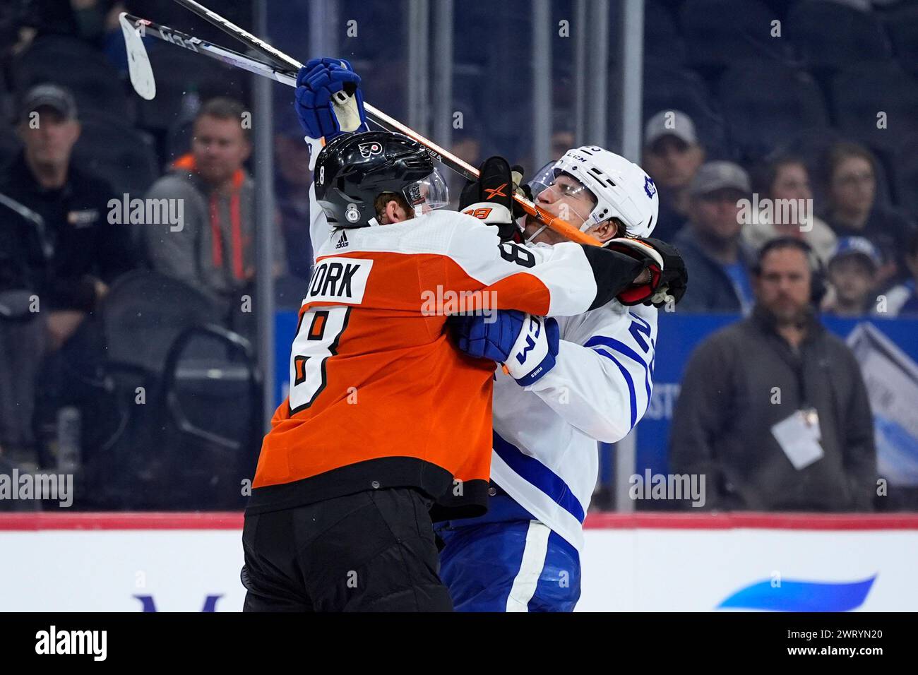 Philadelphia Flyers' Cam York, left, collides with Toronto Maple Leafs ...