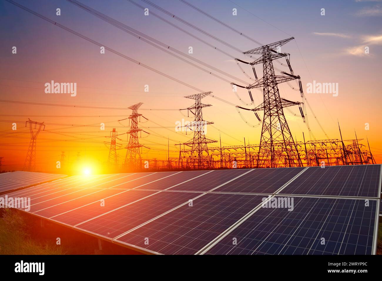 Solar panels and pylon Stock Photo - Alamy
