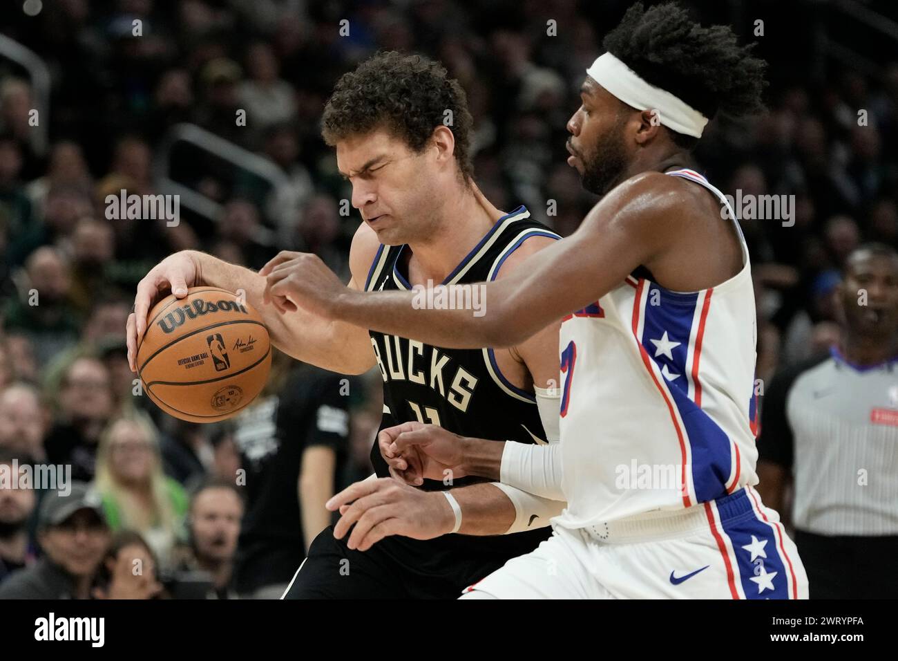 Milwaukee Bucks' Brook Lopez tries to get past Philadelphia 76ers ...