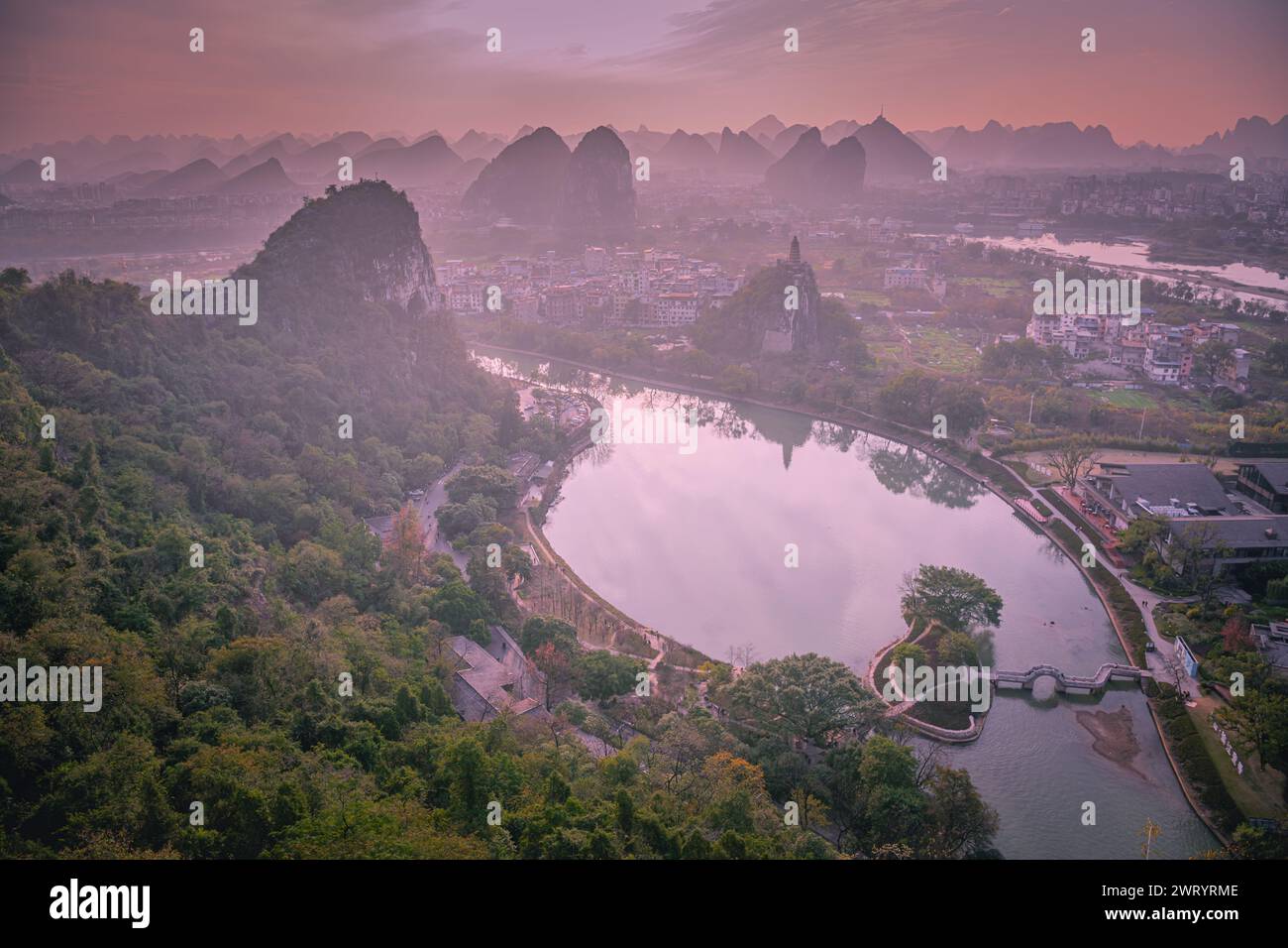Aerial view of Lijiang River Scenic Area in Guilin, China. It is a ...