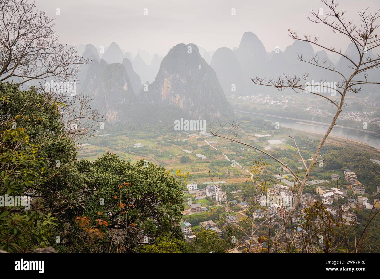 The village of Xingping and mountains from a bird's eye view. China ...
