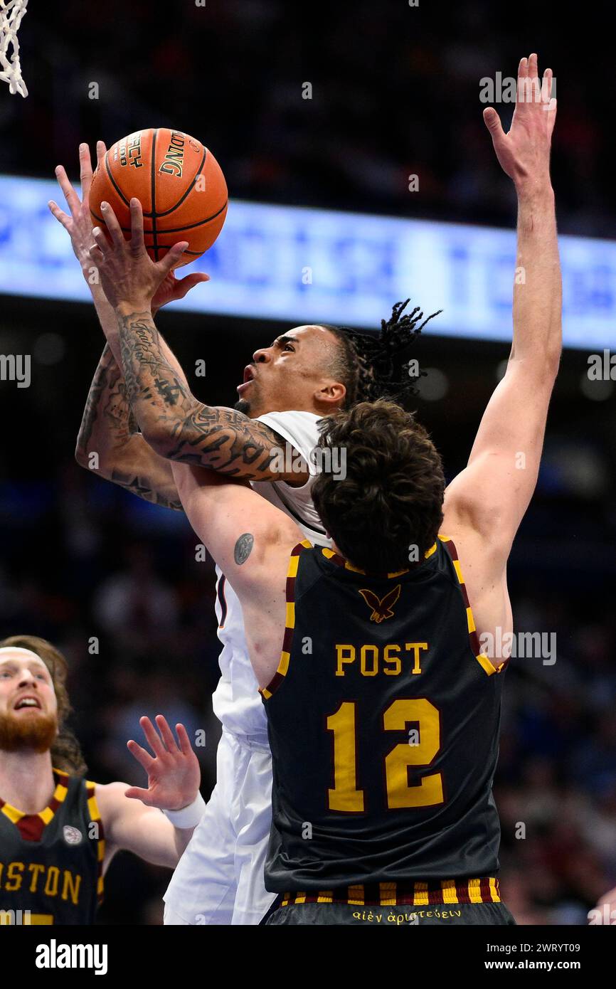 Virginia guard Dante Harris (1) is fouled by Boston College forward ...