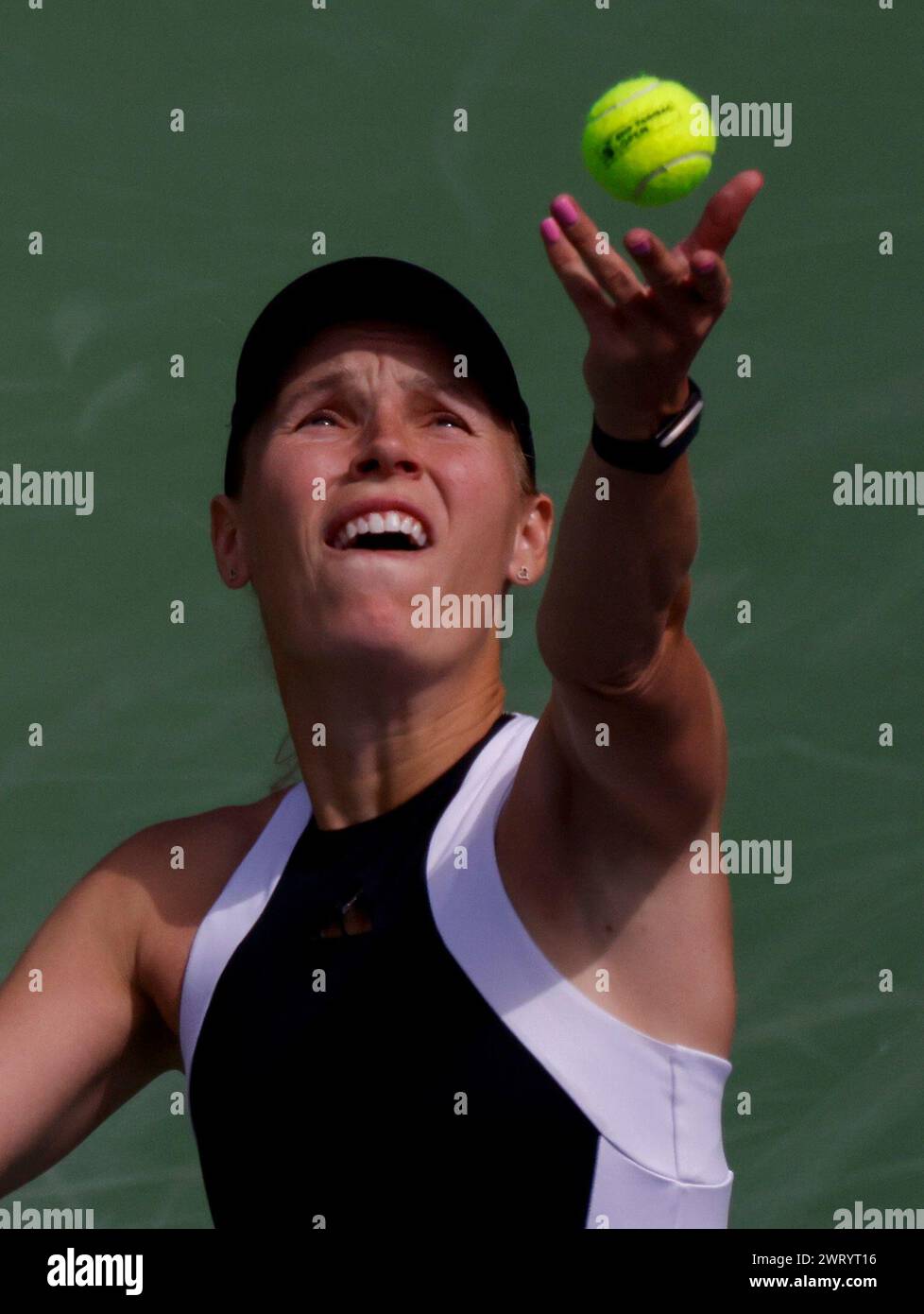 March 14, 2024 Caroline Wozniacki of Denmark serves against Iga Swiatek ...