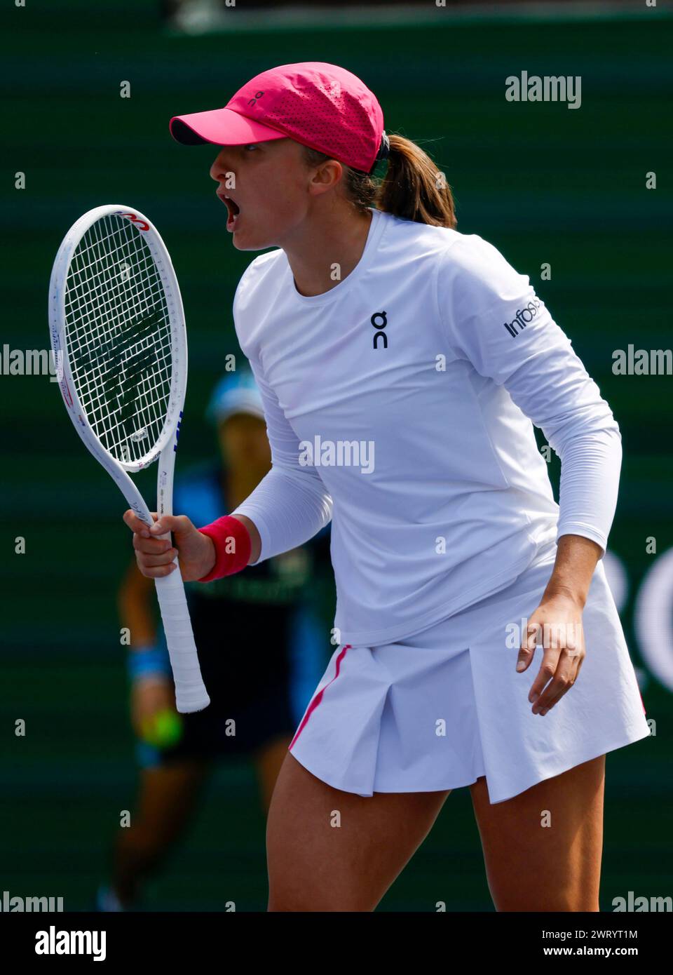 March 14, 2024 Iga Swiatek of Poland reacts to winning the first set ...