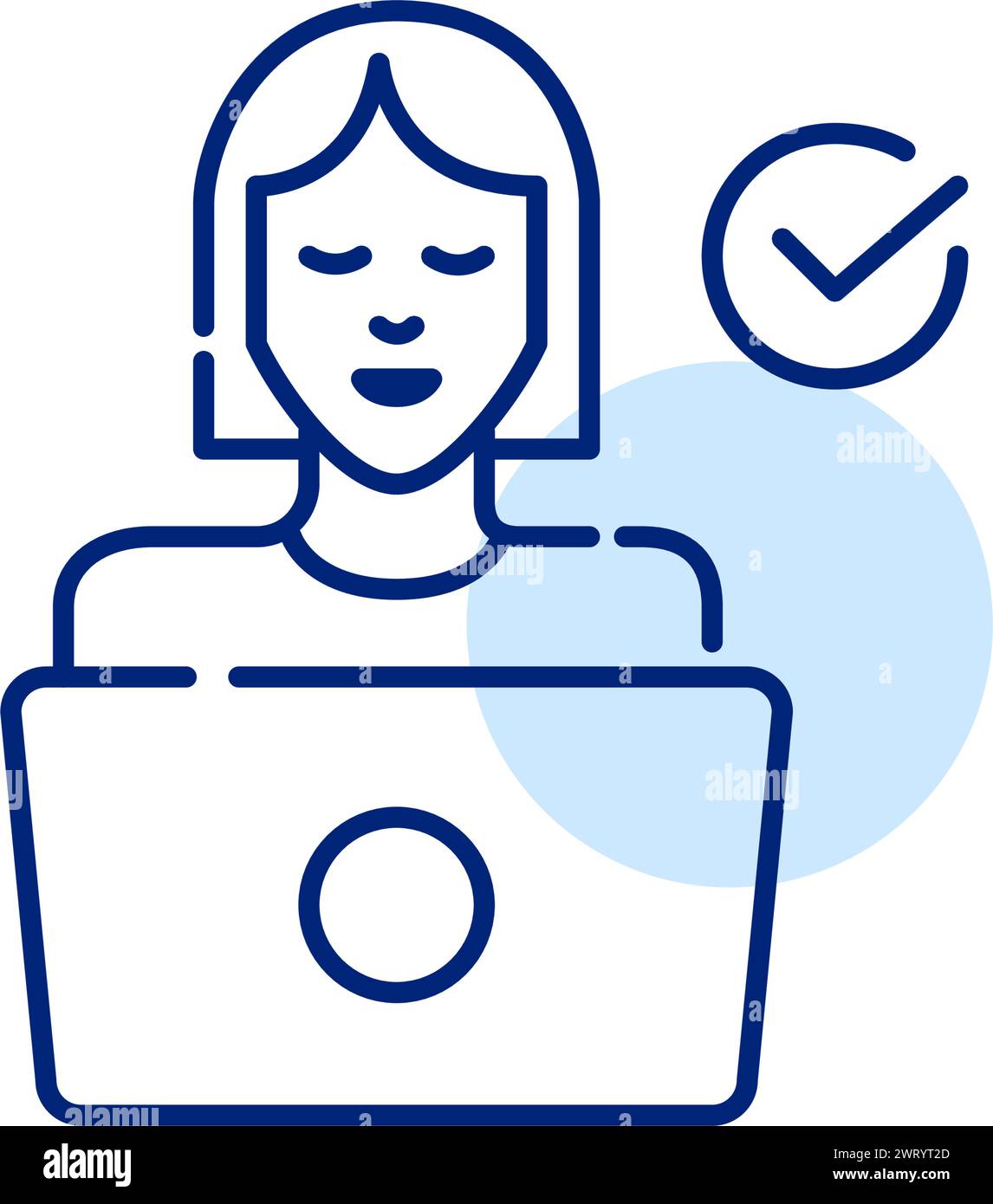 Woman at laptop and check mark. Employee achievement and productivity ...